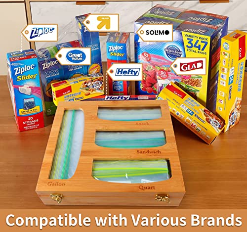 Bamboo Ziplock Bags Organizer for Kitchen Drawer - Food Storage Plastic Bag Dispenser Holder Containers, Openable Lid Wooden Organization Box for Gallon Snack Sandwich Quart Variety Size Baggies