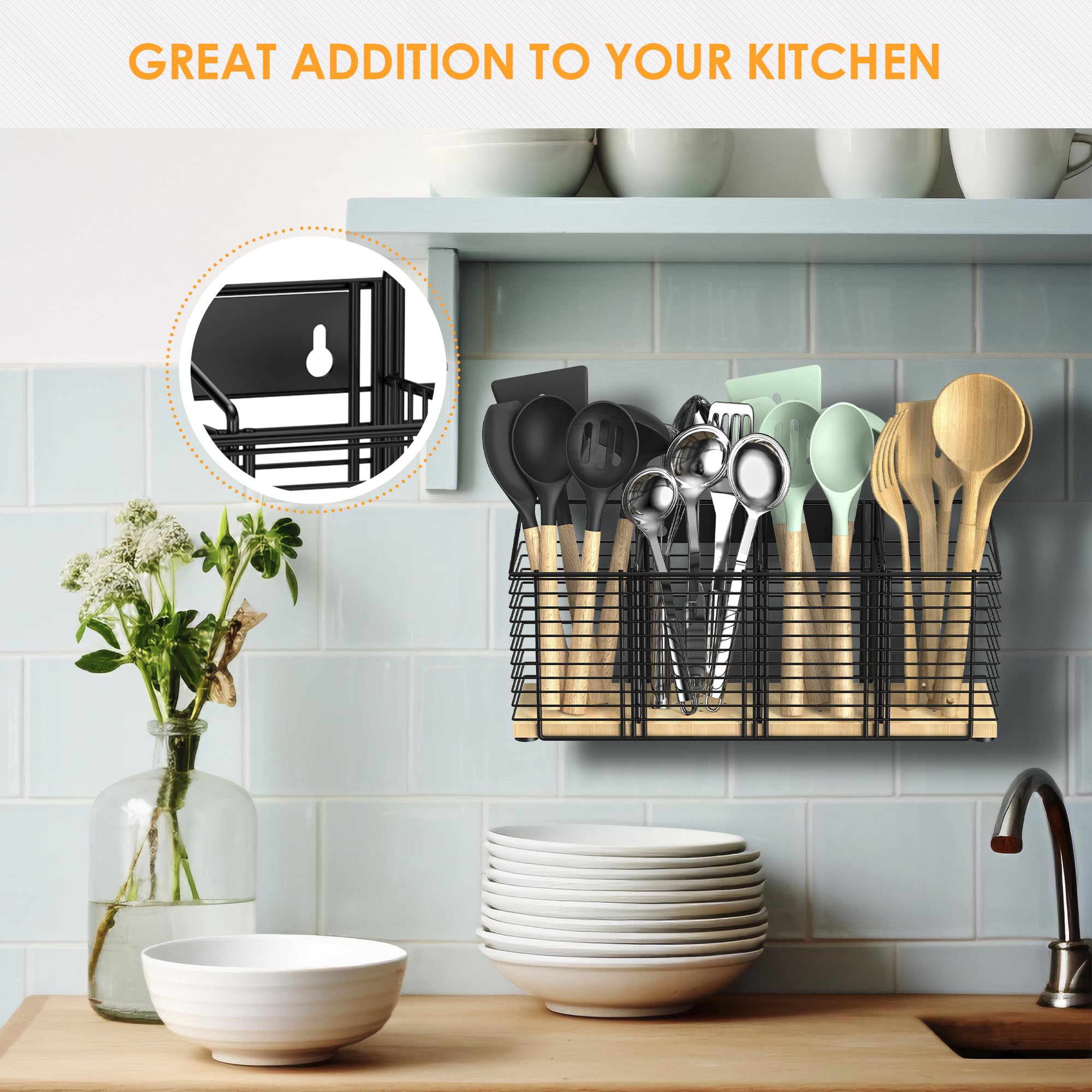 LOTEYIKE Large Kitchen Utensil Holder with 4 Compartments, Black Metal Kitchen Cooking Utensil Organizer for Farmhouse Cooking, Spatula Utensil Crock Caddy