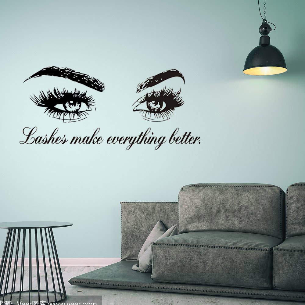DNVEN Eyelash Stickers Girl Wall Decals Quotes Lashes Make Everything Better Beauty Salon Wall Decals Makeup Wall Decors Vinyl Removable Murals Bedrooms Lash Room Decor for Women Room 31 x 16 inches