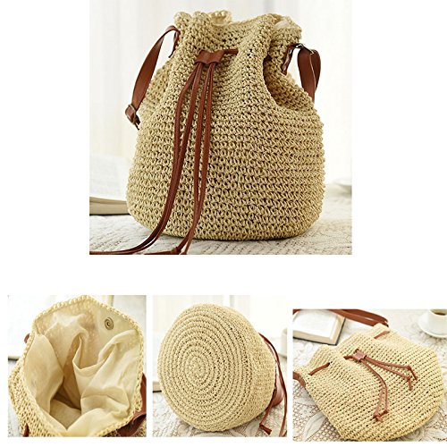 Donalworld Women Bucket Bag Drawstring Hobo Crochet Straw Shoulder Bag L Beige