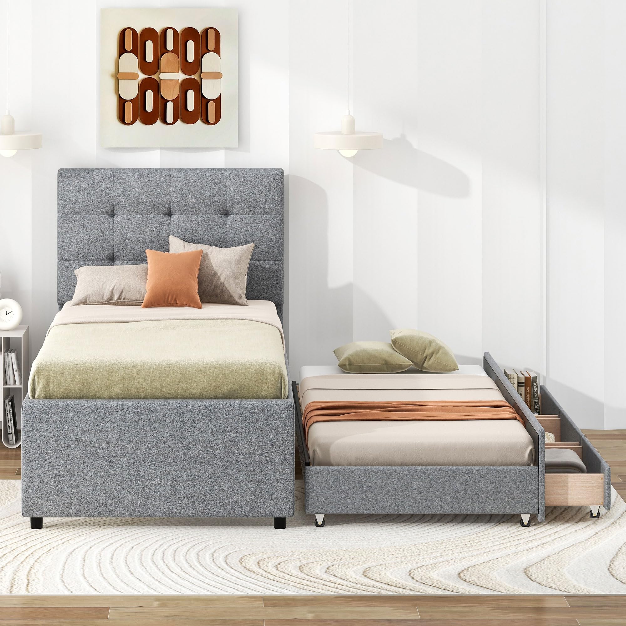 DNYN Upholstered Twin Size Platform Bed with Trundle & 3 Drawers for Kids Bedroom,Solid Wood Bedframe w/Storage & Headboard,No Box Spring Needed & Super Save Space,80.5" L x 80.75" W x 56.25" H, Gray
