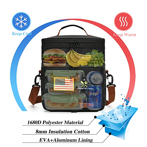 LOKASS Tactical Lunch Box for Men,16L, Double Deck Expandable Insulated Lunch box For Adults/Women Thermal Large Waterproof Leakproof Cooler Bag with Shoulder Strap,Black (Black)