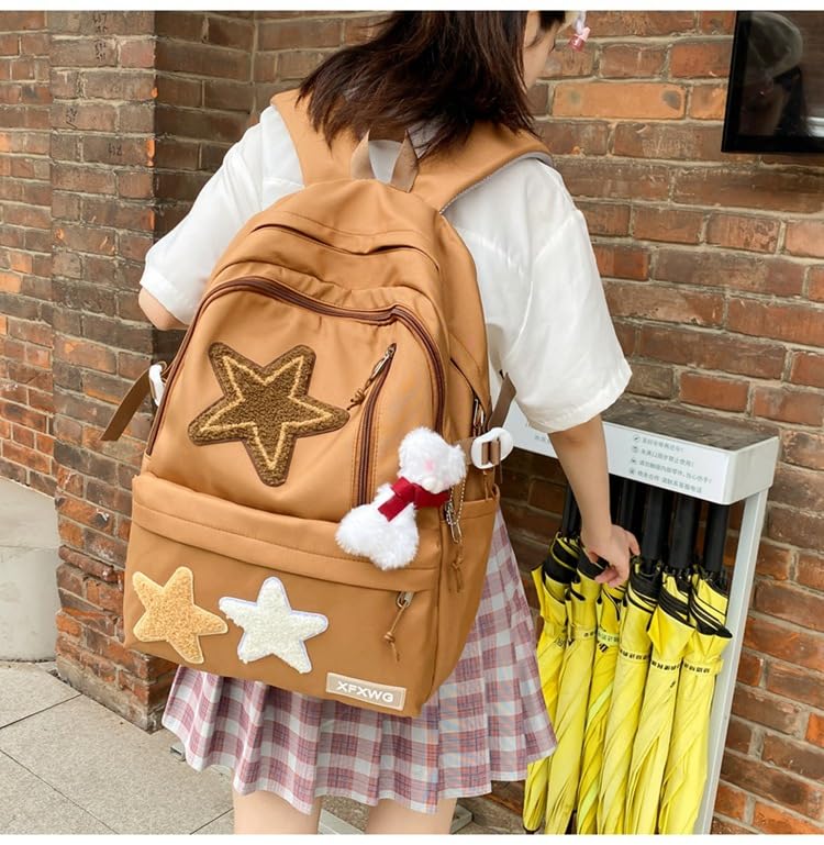 MININAI Y2k Backpack with Kawaii Pendant Aesthetic Star Backpack Cute Preppy Laptop Book Bag Back to College Supplie (Caramel,One Size)