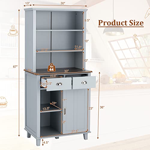 LOKO 67β Kitchen Pantry Storage Cabinet, Freestanding Buffet Sideboard with 3 Open Shelves, Microwave Countertop, 2 Pull-Out Drawers & Sliding Door Cabinet, Kitchen Hutch for Dining Room (Grey)