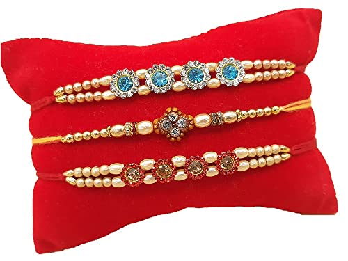 Palak Global Rakhi Bracelet, Wrist Band. Fancy unique beautiful stones blue white, red stones, gift celebration (Fancy Rakhi Set of 3 - Design 1, Small) (PLK32)