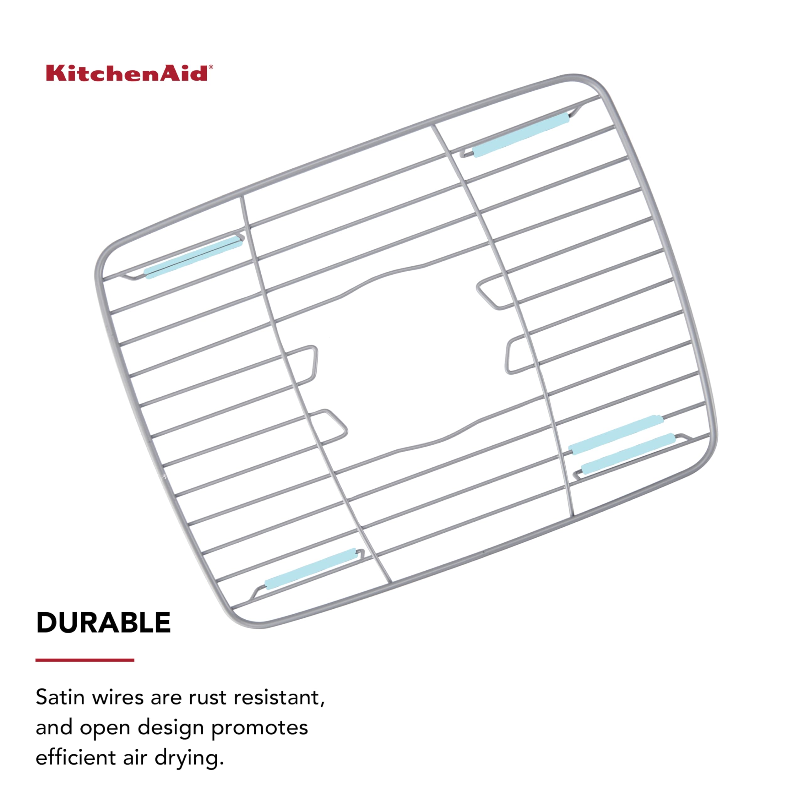 KitchenAid Rust Resistant Small Protector with Non Slip Feet and Center Opening for Sink Stopper and Quick Drying, 10.5 x 12.5 x 1.4 Inch, Mineral Water