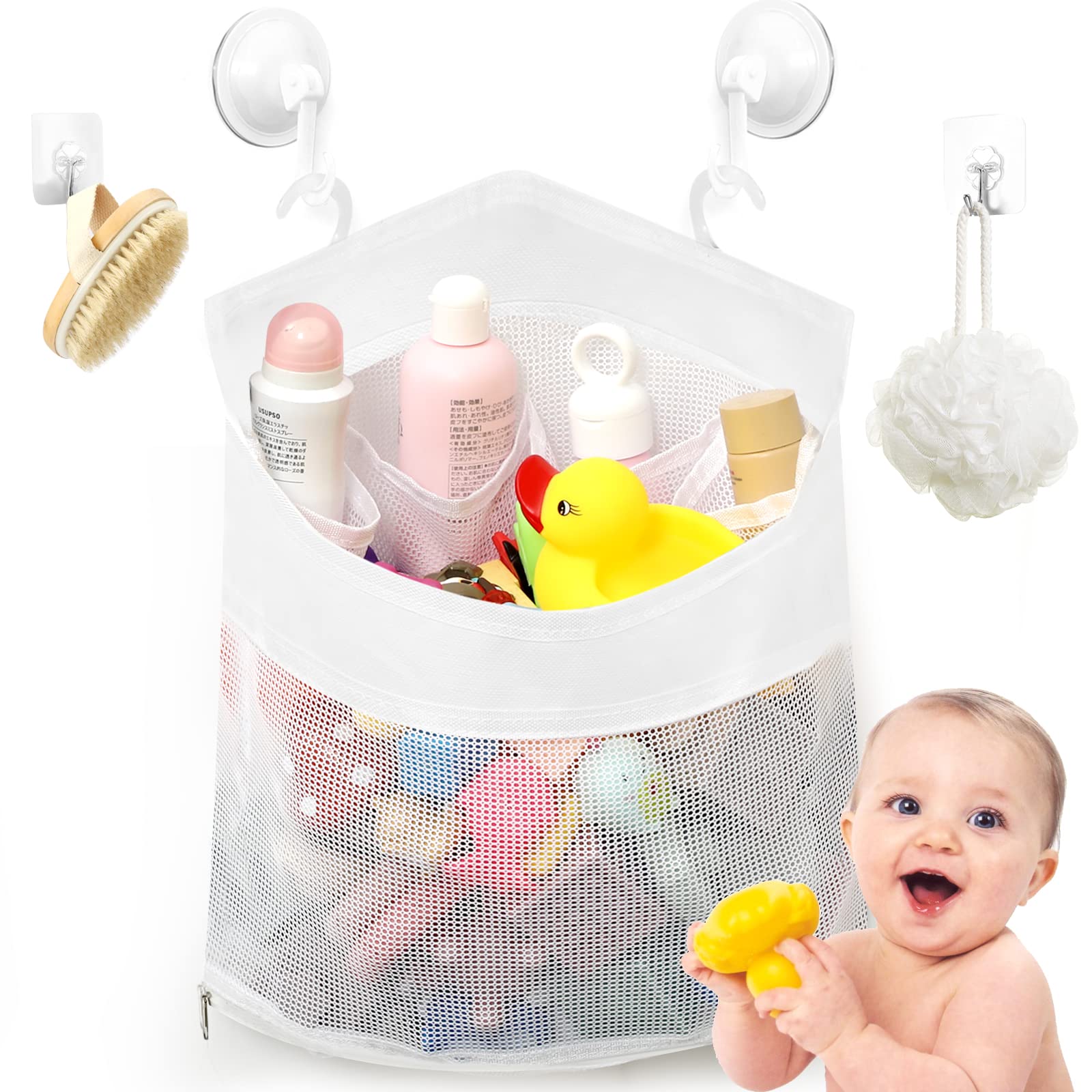 Fxspmt Corner Hanging Bath Toy Storage with Quick Drying Mesh,Large Capacity Bath toy Holder,Bath toy Organizer (White)