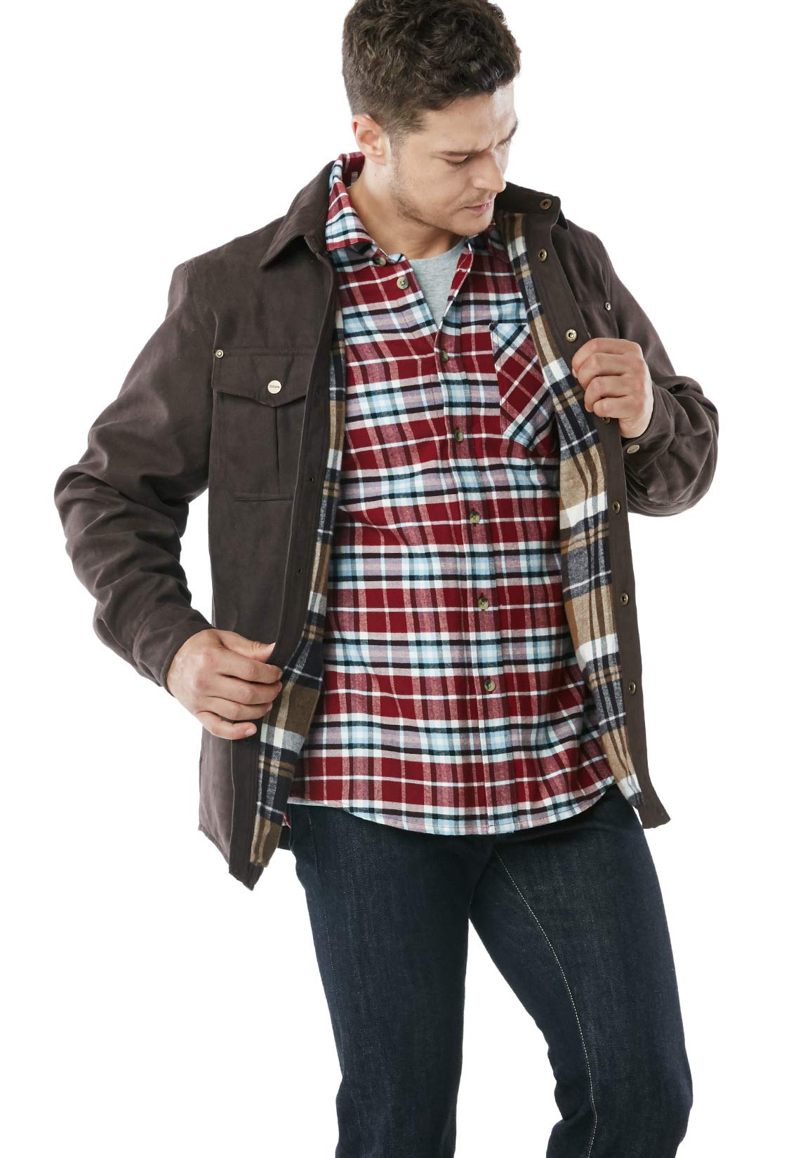 CQR Men's Flannel Lined Shirt Jackets, Long Sleeved Rugged Plaid Cotton Brushed Suede Shirt Jacket, Flannel Lined Calf Brown, Medium