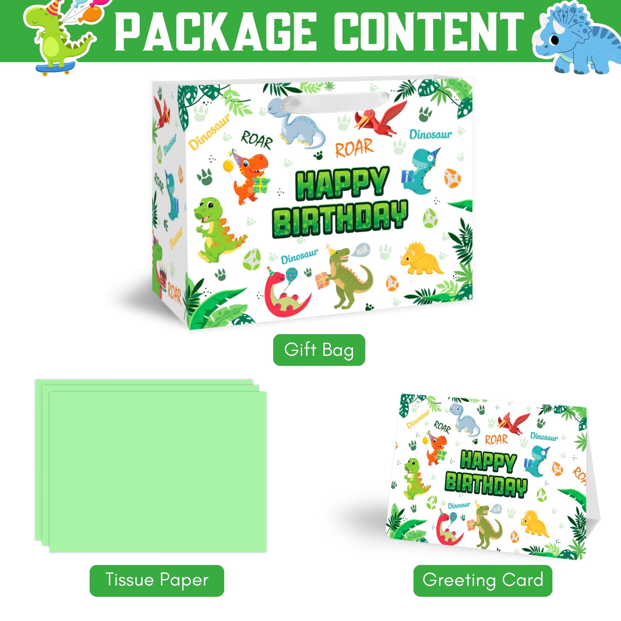 Generic Large 13"" Dinosaur Birthday Gift Bag with Handles, Card, and Tissue Paper for Boys
