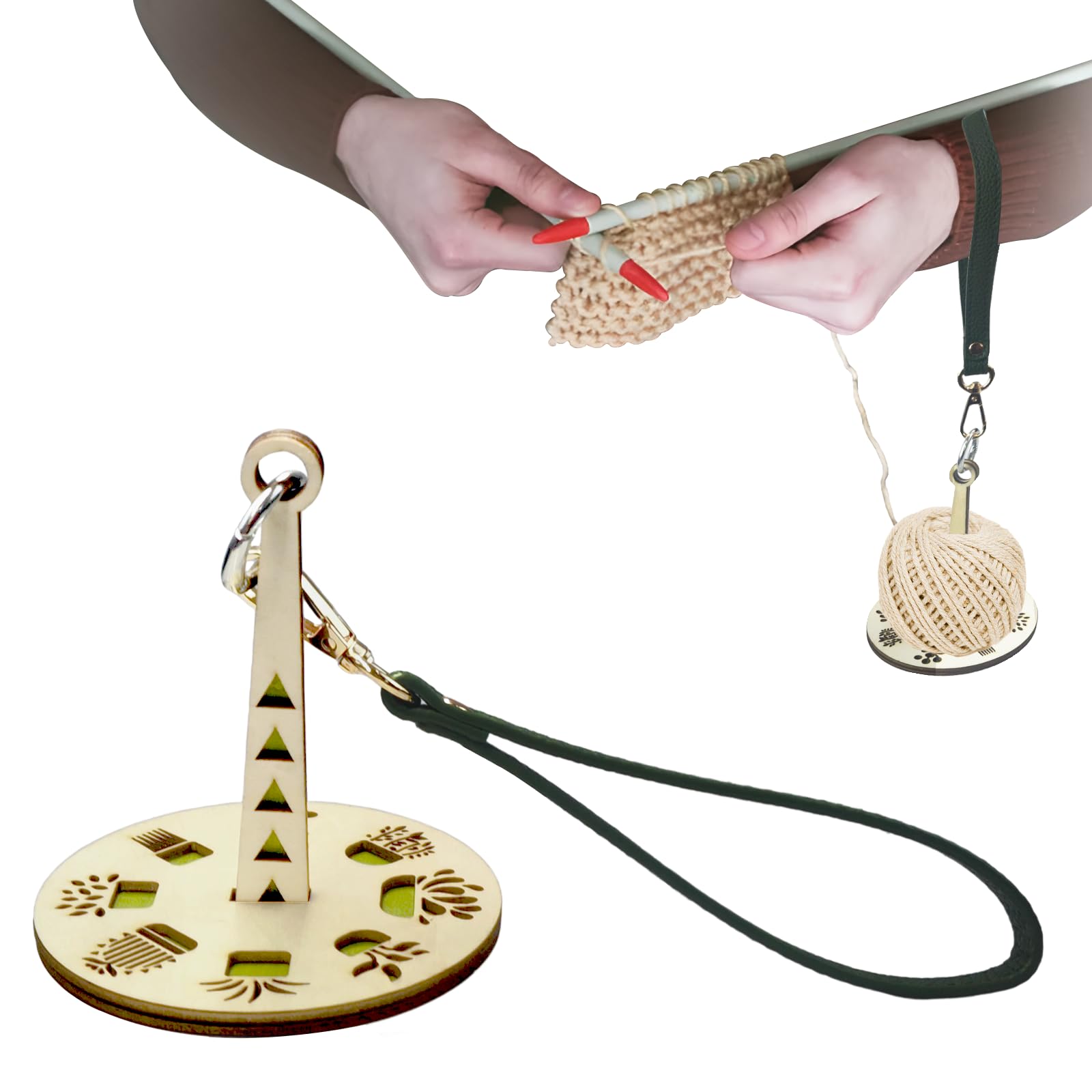 WOODOUNAI Portable Yarn Holder with Wrist Strap - Ultimate Yarn Organizer with Wrist Strap & Wooden Stand - Prevents Tangling for Effortless Crocheting and Knitting On-The-Go (Green)