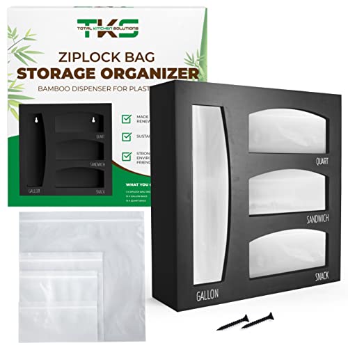 Ziplock Bag Organizer, Bamboo Kitchen Drawer Organizer, Drawer Divider for Snack, Sandwich & Gallon Bags, Kitchen Organizer with 60 Zip Lock Bags, 12x12 inch Box, Black -Total Kitchen Solutions