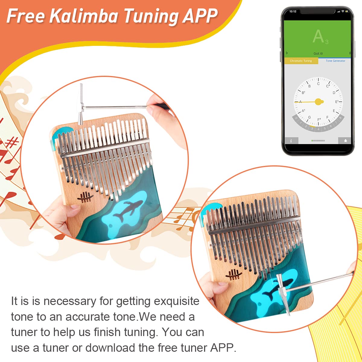 Genround Resin Kalimba Thumb Piano & Finger Instrument Set, 21 Keys & 8 Keys Piano with Beginner's Study Instruction, Portable Finger Piano Gift for Kids and Adults, Includes Tuning Hammer