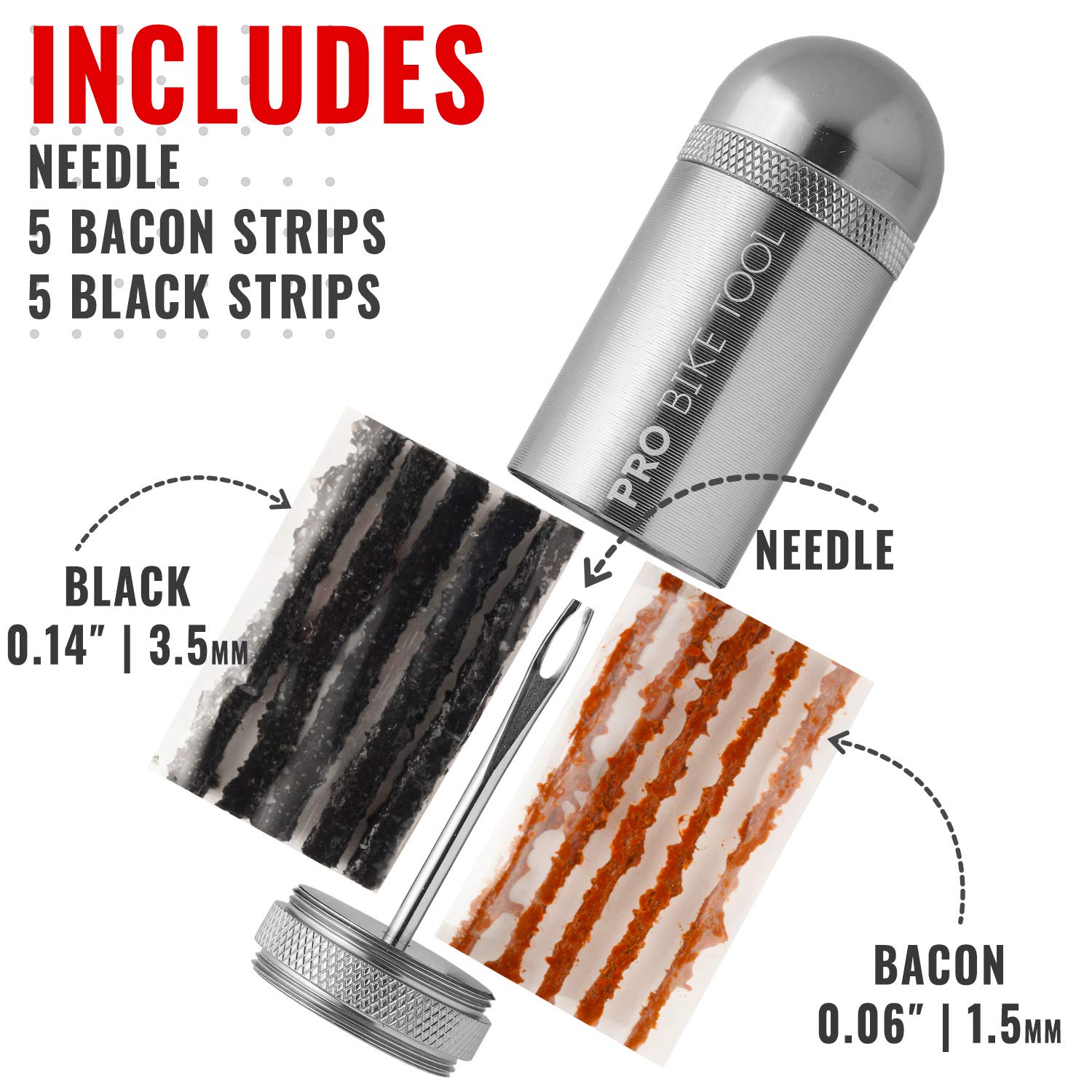 PRO BIKE TOOL Tubeless Bike Tire Repair Kit β for MTB and Road Bicycle Tires β Fix a Puncture or Flat, Fast β Tackle Set Includes Storage Canister, Plugger Tool and Plugs - 5 Bacon and 5 Black Strips
