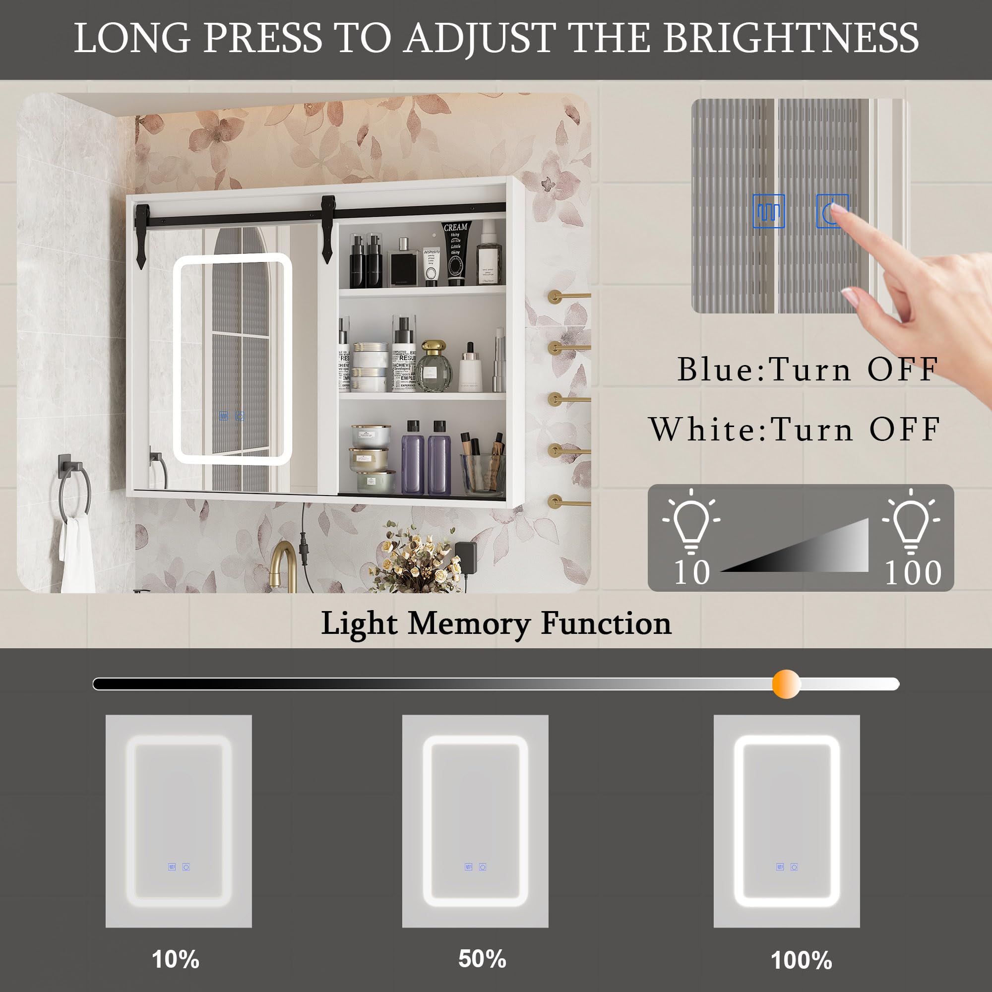 Lovinouse Medicine Cabinet for Bathroom with Mirror Sliding Door & LED Lights, Large Rectangle Wall Mounted Storage Cabinet w/Glass Doors, Shelves & Anti-Fog Function, 35.4 X 27.6 Inch, White