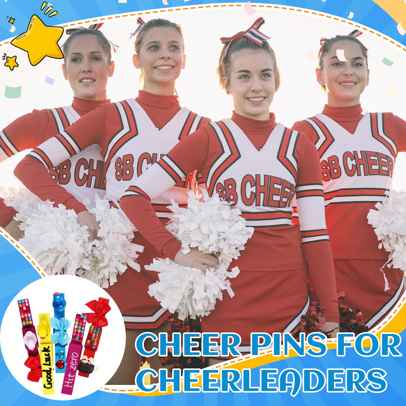 Halloscume 70 Pcs Cheer Pins Decorations Include 20 Cheer Pins, 10 Jesus Ornaments, 10 Mini Ducks, 20 Mini Bows, 6 Sequin Pearl Powder, 1 Rhinestone Stickers, 2 Water Based Pen, 1 Glue, Cheer Gifts