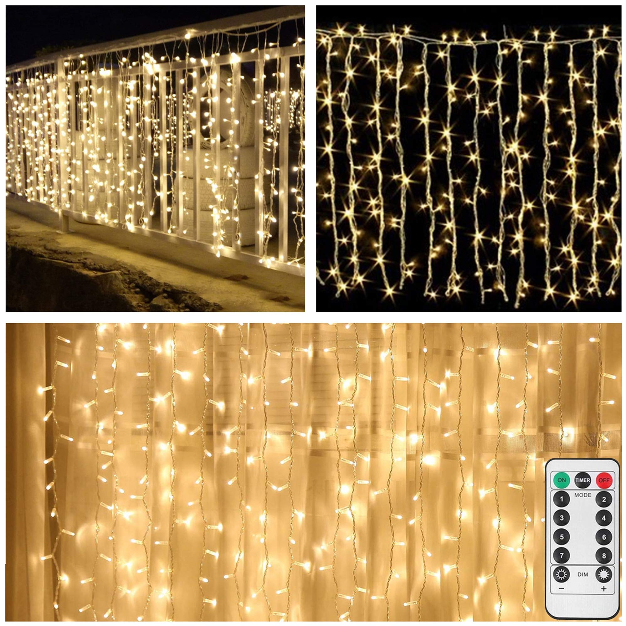 Curtain String Lights,Icicle Lights, Battery Operated,13ft(L) x 3.3ft(H),Remote,8 Mode,200 LED,Hanging Christmas Lights for Home Garden Patio Camping Party Window Balcony Decoration-Warm White