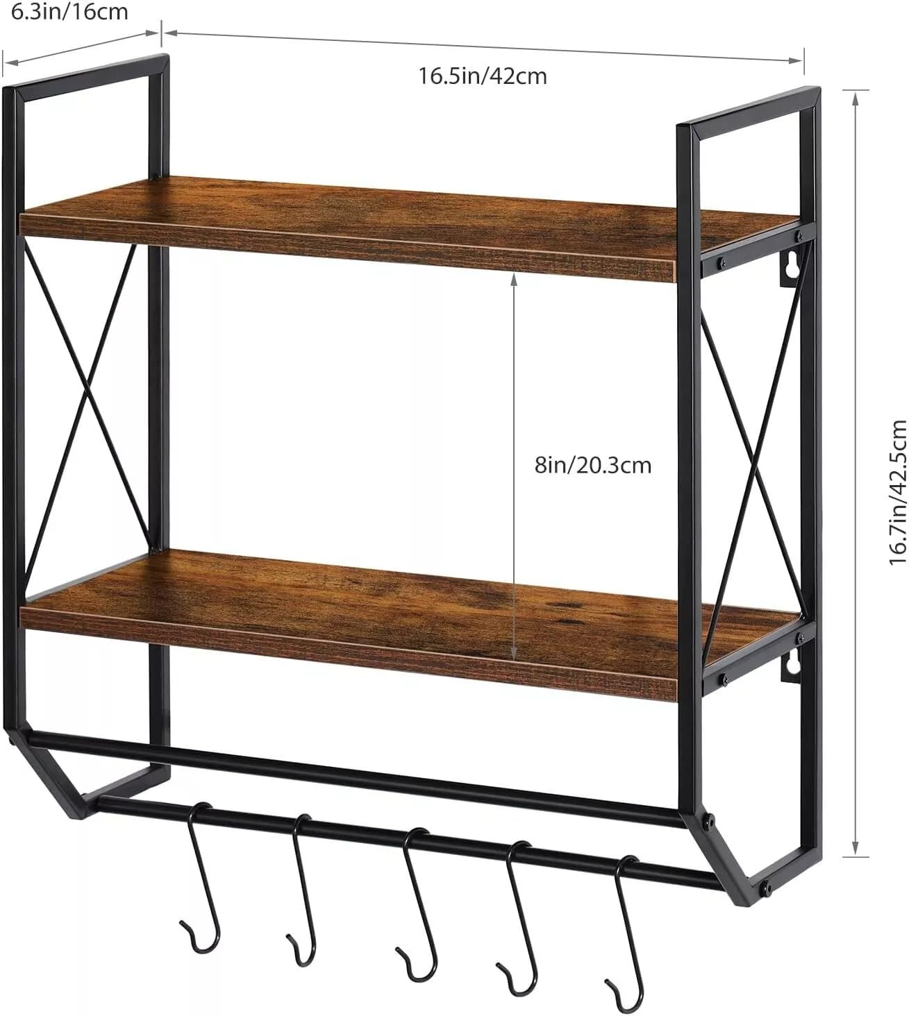 Generic VcJta Rustic Bathroom Towel Rack 2 Tier with Wall Mount Shelf & Hooks - Organizer for Towels & Essentials, Brown, E296382534364