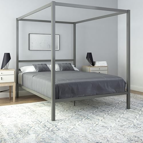 DHP Modern Metal Canopy Platform Bed with Minimalist Headboard and Four Poster Design, Underbed Storage Space, No Box Spring Needed, Queen, Gunmetal Gray
