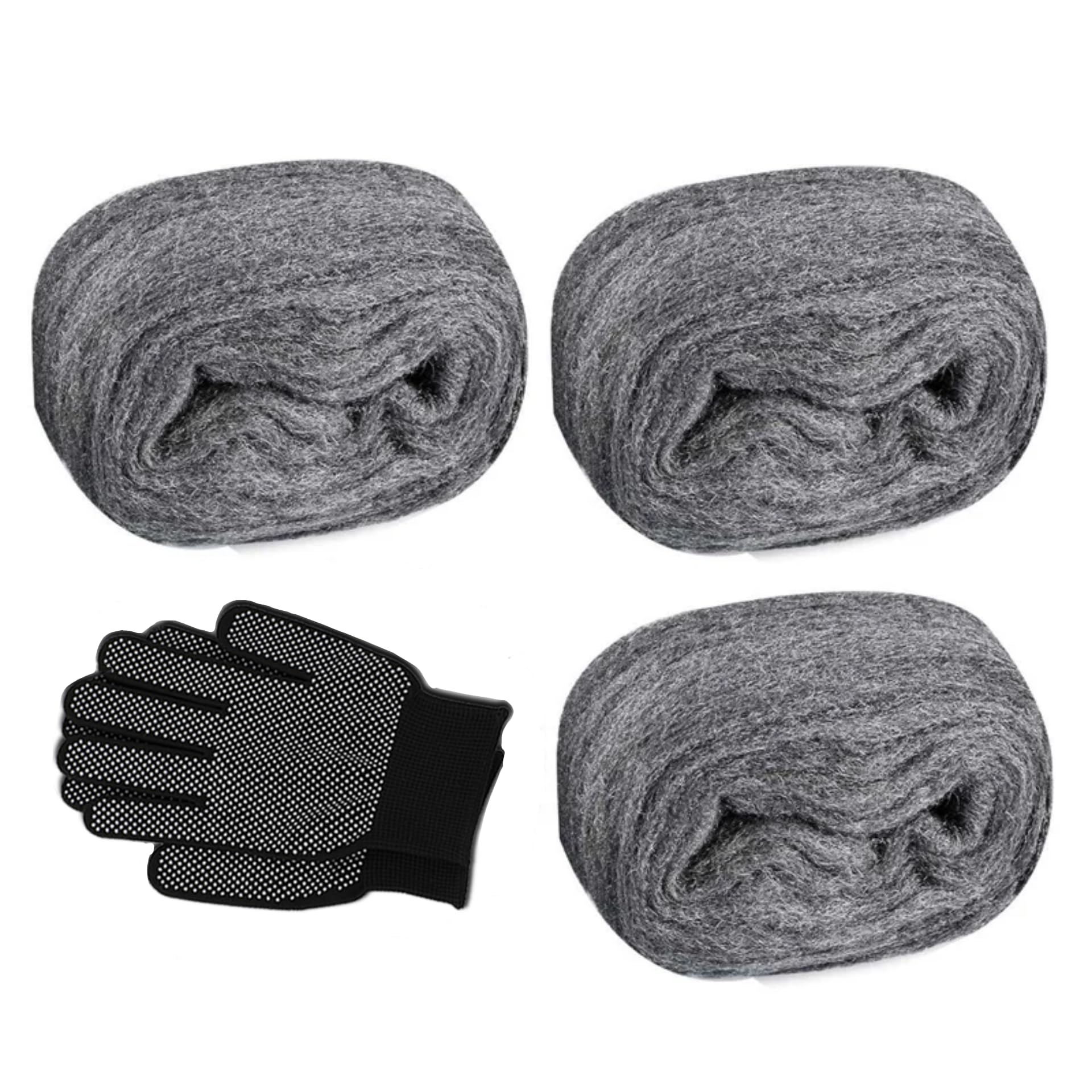 LPYFRG 3Pack Stainless Steel Wool,2.5""x16.5FT Steel Wool Fill Fabric Roll,Gap Blocker Coarse Wire Hardware Cloth DIY Kit for Holes, Wall, Garden, Kitchen, Pipeline in Garage,Complimentary Gloves
