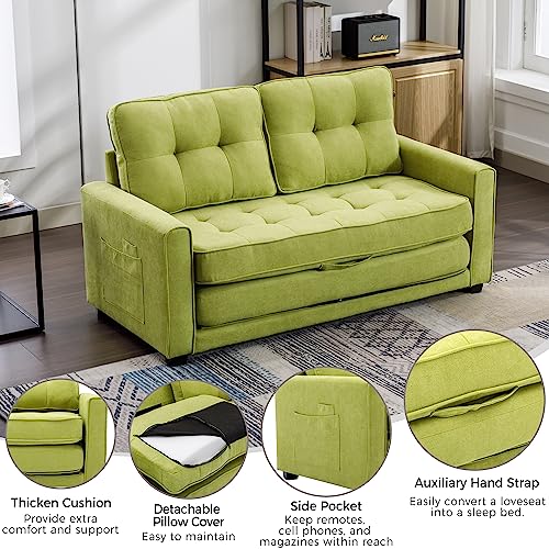 Merax 59.4" Loveseat Pull-Out Sofa Bed Modern Upholstered Couch with Side Pocket for Living Room Office,Green
