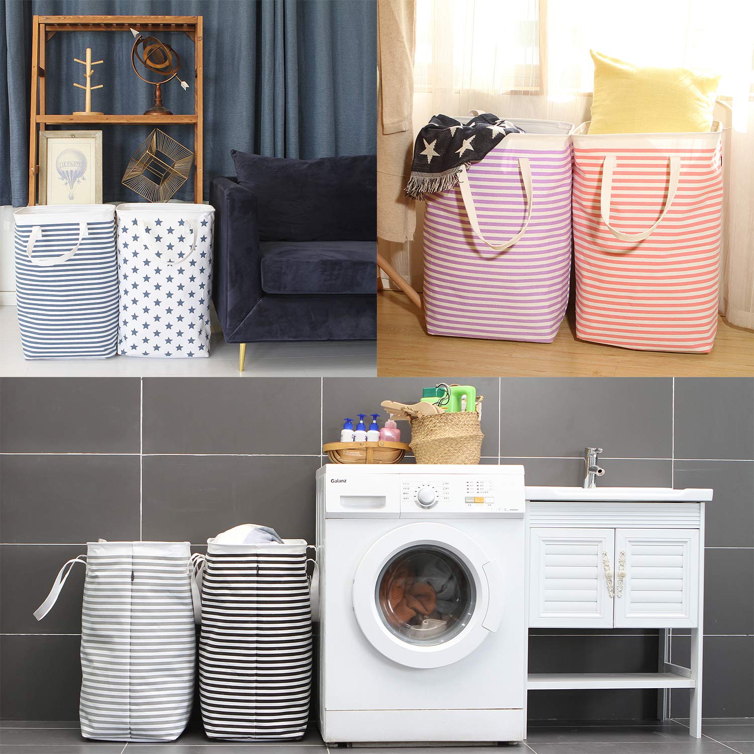 Sea Team 23.6" Large Size Canvas Fabric Laundry Hamper Collapsible Rectangular Storage Basket with Waterproof Coating Inner and Handles, Purple & White Stripe