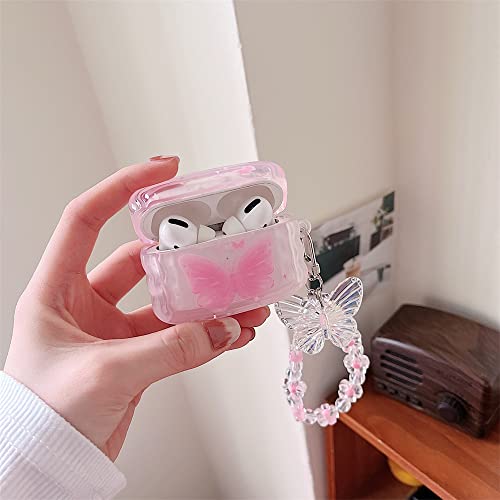 MINSCOSE Cute Airpod Pro Clear Case,Cute Graffiti Butterfly Pattern Design with Pretty Pink Flower Crystal Keychain Soft TPU Smooth Shockproof Compatible with Airpods Pro Charging Case for Girls Women