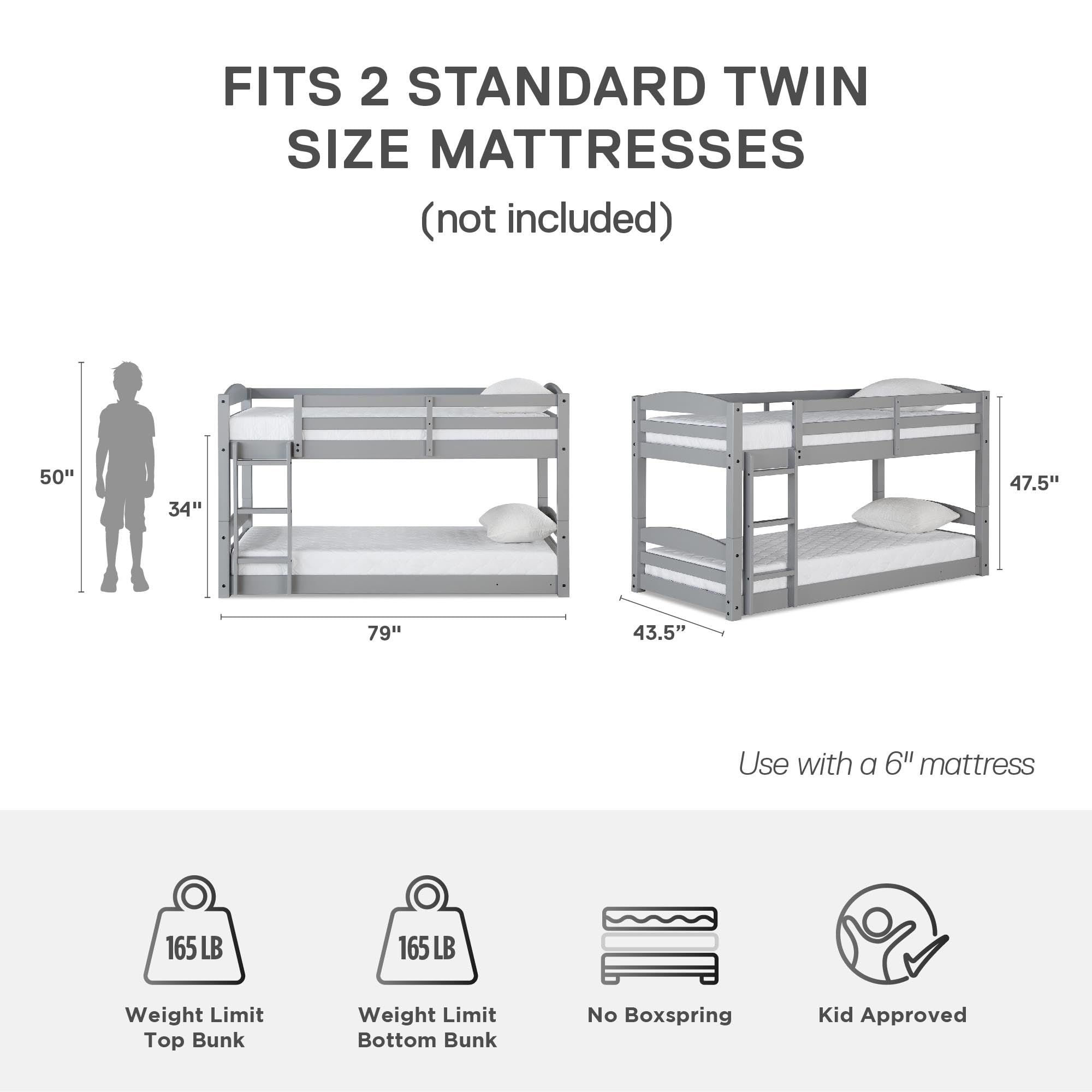 DHP Phoenix Convertible Low Wood Floor Bunk Bed, Stackable and Detachable Bed Frames for Kids, Solid Wood, with Ladder, High Guardrail, Wood Slats, No Boxspring Required, Twin-Over-Twin, Gray