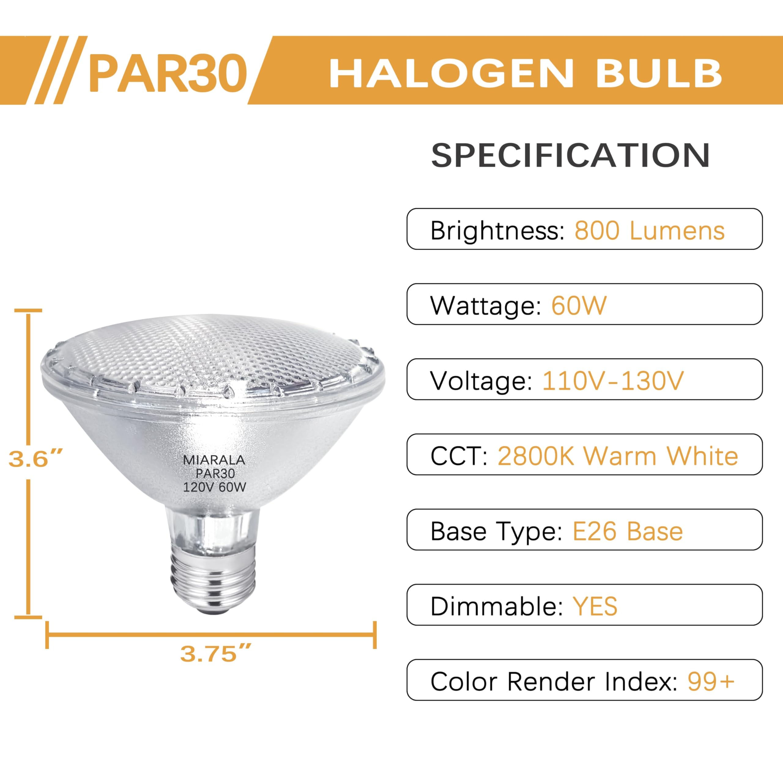 MIARALA PAR30 Short Neck, 6-Pack PAR30 Halogen Flood Light Bulbs 60W 120V, PAR30 Halogen Light Bulbs with E26 Base Dimmable CRI100, Warm White, YX-PAR30-60WS-02US