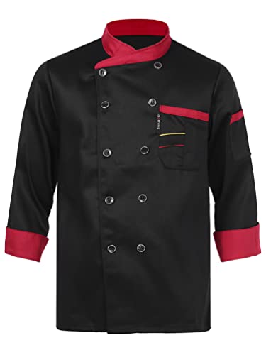 iiniim Unisex Chef Coat Women Men Short&Long Sleeve Chef Jacket Double-Breasted Kitchen Cooking Chef Uniform Black Red Cuffs Medium