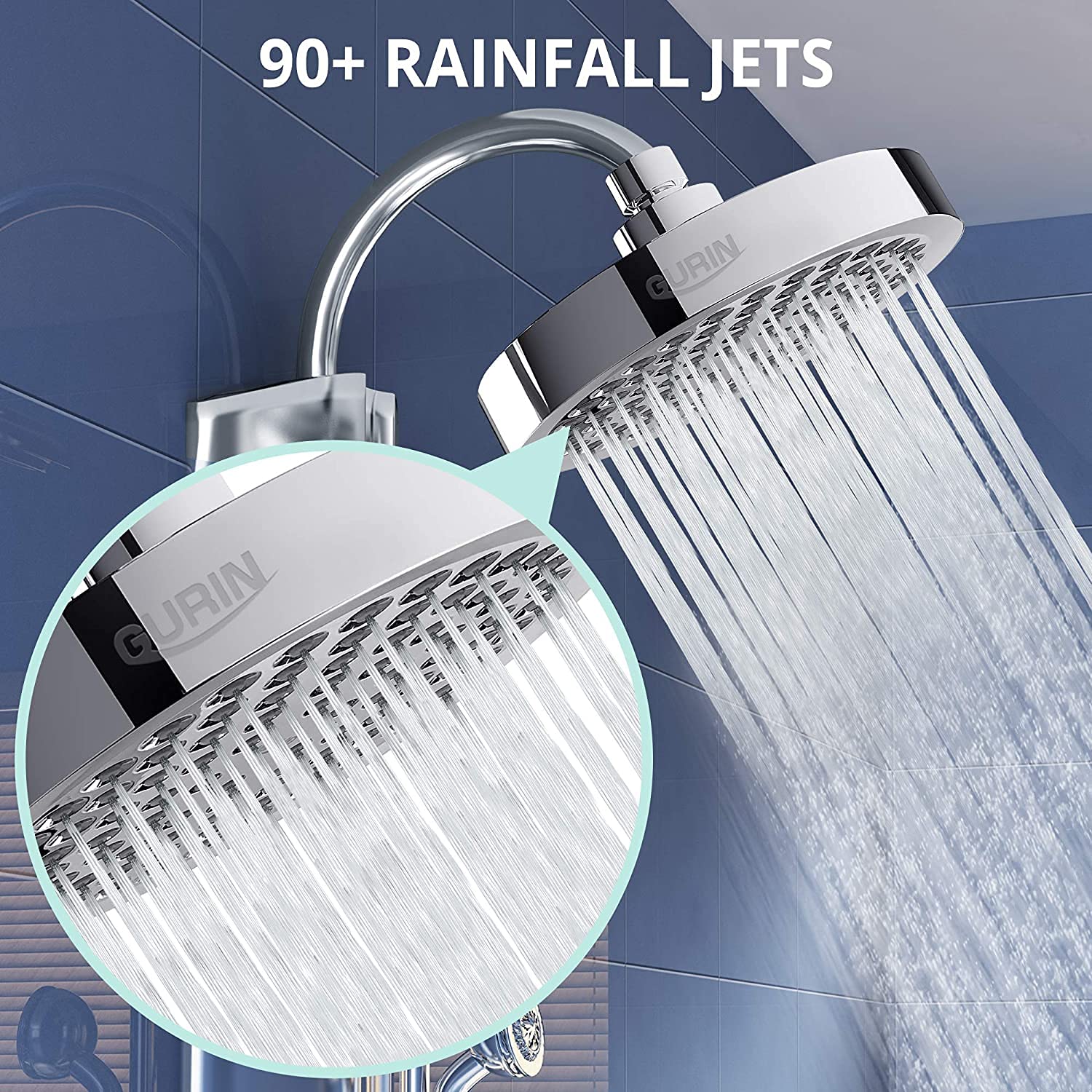 GURIN Shower Head High Pressure Rain, Luxury Bathroom Showerhead with Chrome Plated Finish, Adjustable Angles, Anti-Clogging Silicone Nozzles (California 1.8 GPM)
