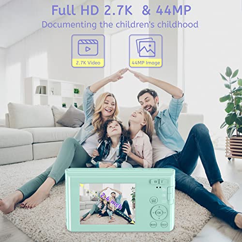 Digital Camera,Kids Camera with 32GB Card 2.7K 44MP Point and Shoot Camera with 16X Digital Zoom 2.4 Inch,Vlogging Camera for Students Teens Adults Girls Boys-Green3