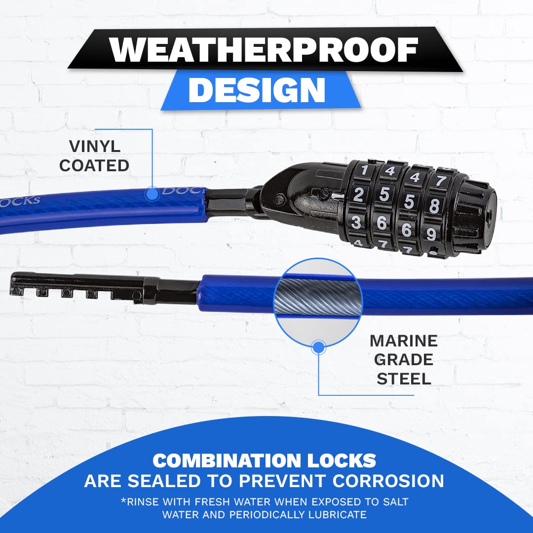 DocksLocks Weatherproof Straight Security Cable Lock (5ft to 25ft lengths) with Resettable Combination, Anti-Theft Protection for Kayak, Bike, Paddleboard, Scooter, Equipment, Bicycles and More 5ft