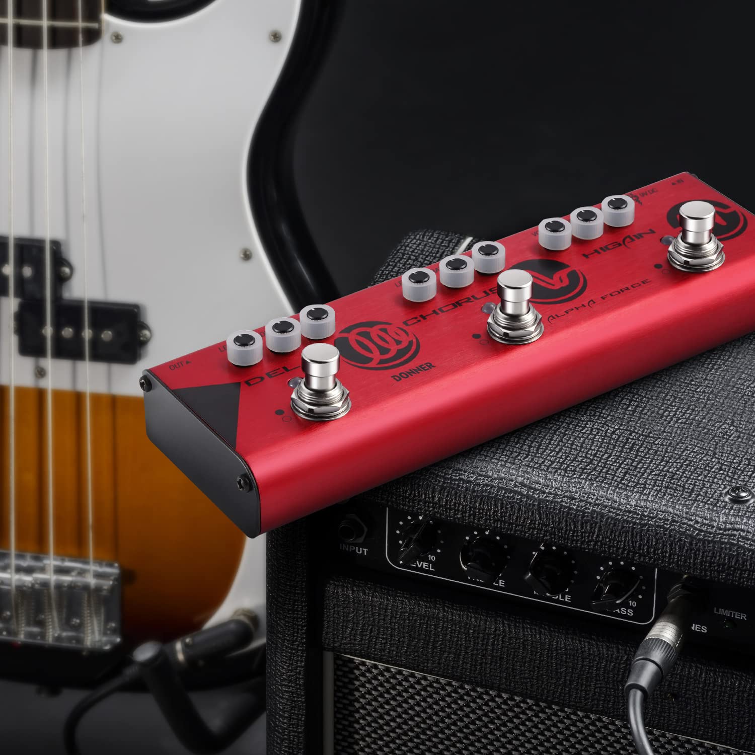 Donner Multi Guitar Effect Pedal Alpha Force 3 in 1 Effects Delay Chorus High Gain Distortion Pedal with Adapter