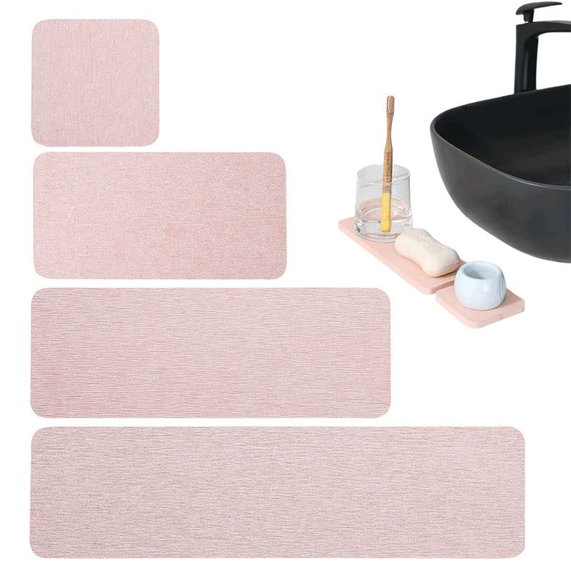 GEEBXY Water Absorbing Stone Tray for Sink, Set of 4 Fast Drying Stone Sink Tray, Instant Dry Sink Organizer for Kitchen Bathroom (Pink)