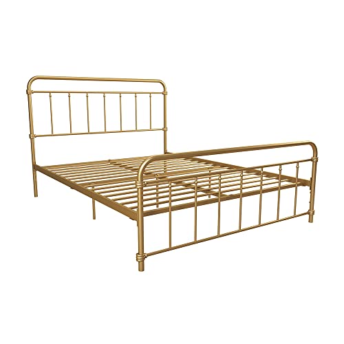 DHP Winston Metal Platform Bed with Rustic Design and Curved Edge Headboard and Footboard, Adjustable Base Height for Underbed Storage, No Box Spring Needed, Queen, Gold