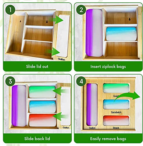 Ziplock Bag Storage Organizer, Bamboo Food Storage Bag Organizer for Kitchen Drawer Compatible with Gallon, Quart, Sandwich and Snack Variety Size Bag