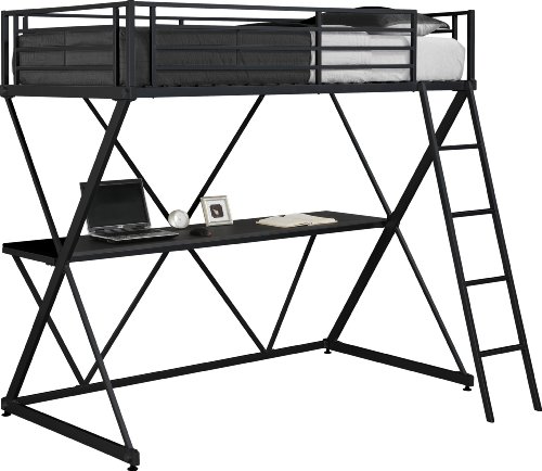DHP X-Loft Metal Bunk Bed Frame with Desk - Space Saving Design - Twin, Black