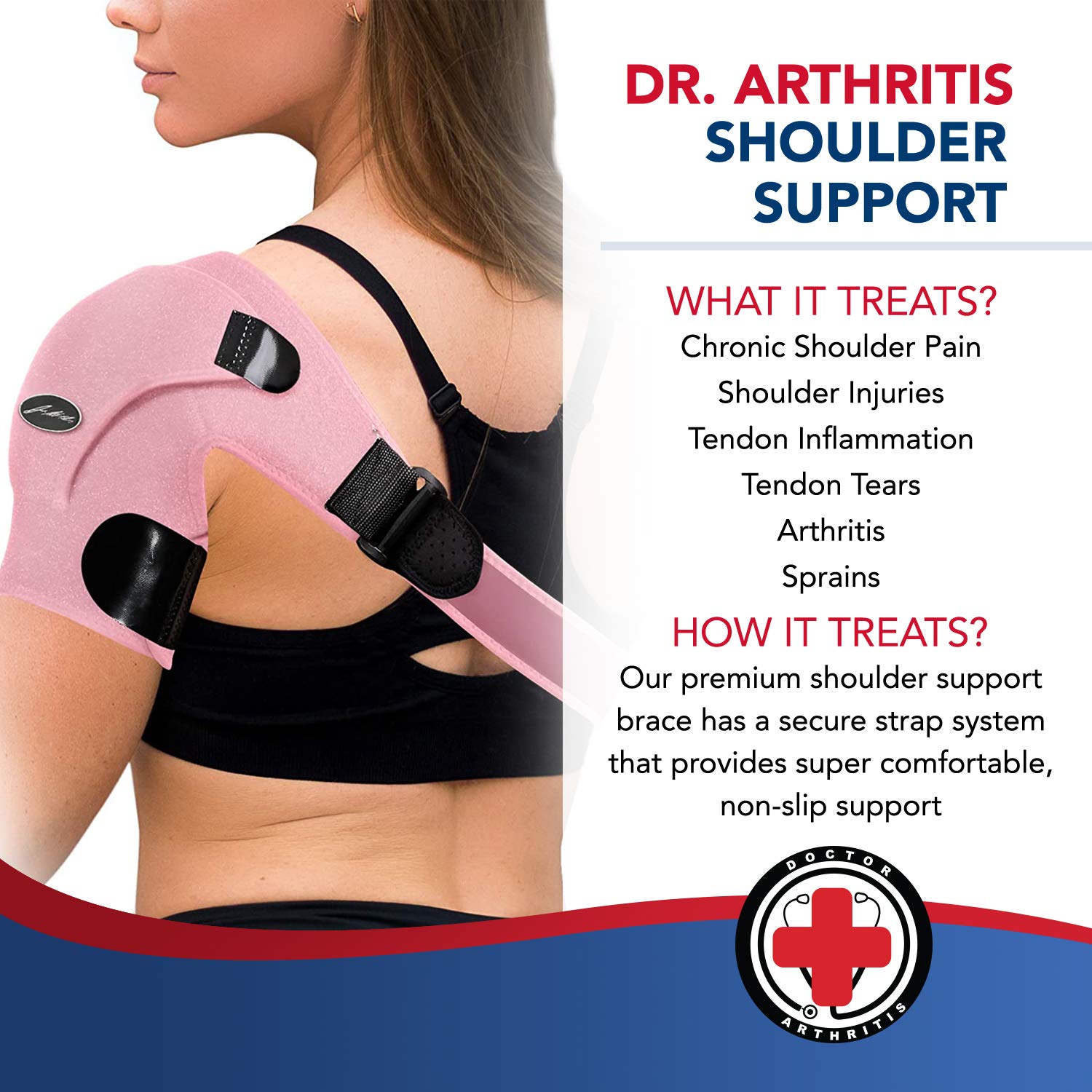 Doctor Developed Shoulder Brace - Comfortable Bursitis Shoulder Brace - Rotator Cuff Shoulder Brace for Pain Relief - Compression Shoulder Brace for Women & Men With Doctor Handbook (Pink)