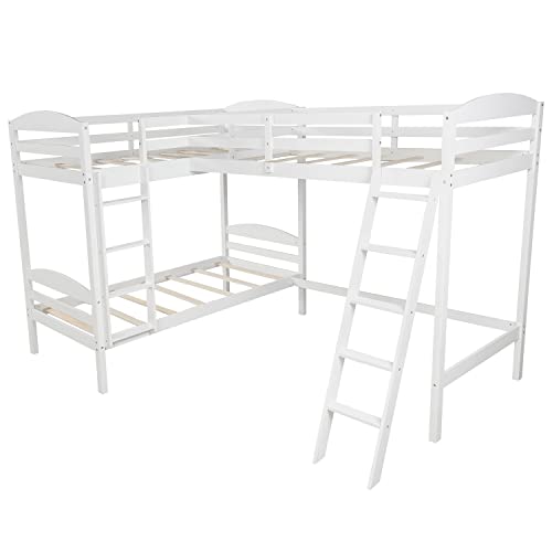 L-Shaped Triple Bunk Bed, Twin Over Twin Corne Bunk Bed Attached a Twin Loft Bed,Triple Bunk for Kids,3 Bed Bunk Beds with Guardrails and Angle Ladder for Boys Girls Teens