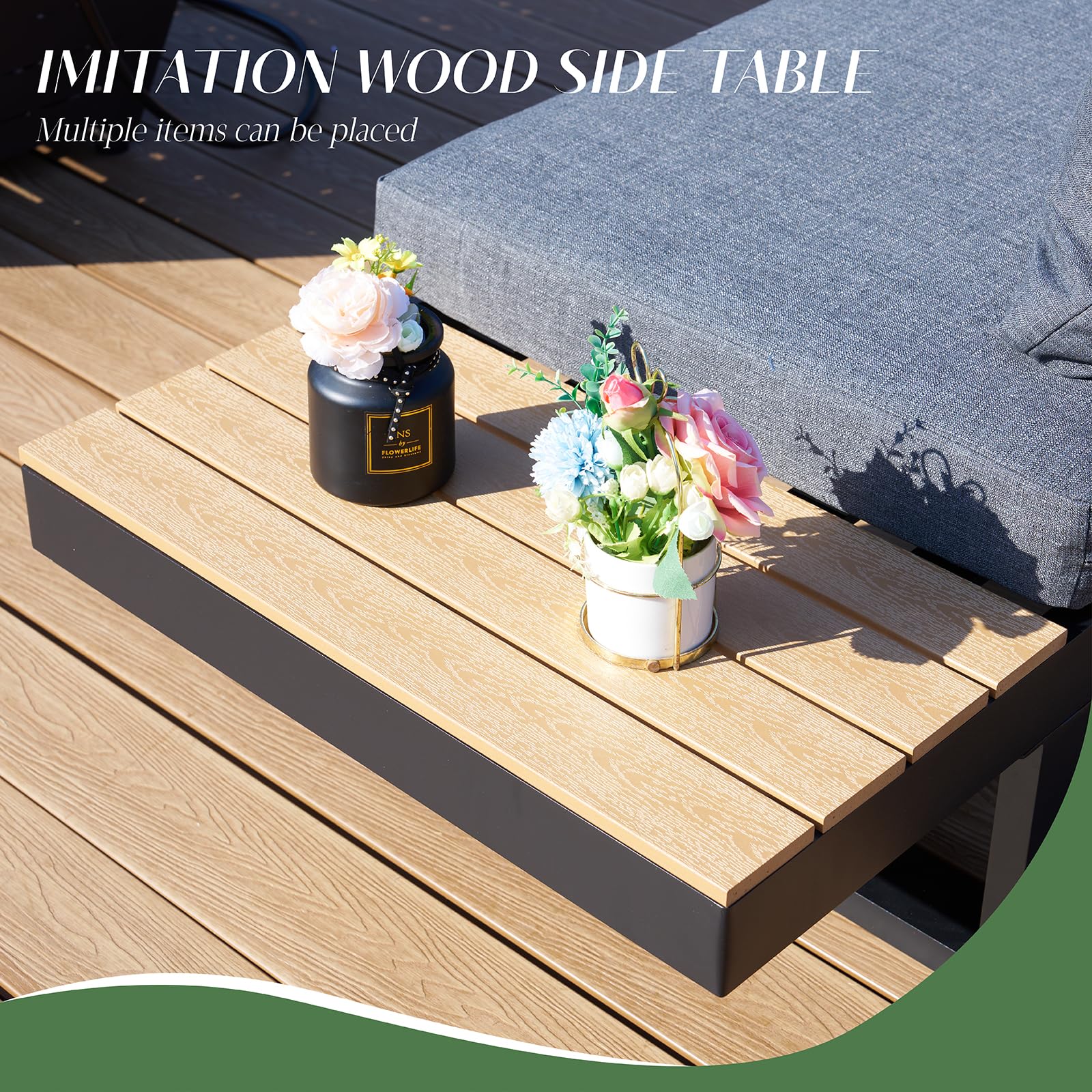 LUXOAK 3-Piece Patio Furniture Sets, Outdoor Aluminum Furniture Sofa, with Wood Side Table & Washable Cushions(Adjustable Backrest)