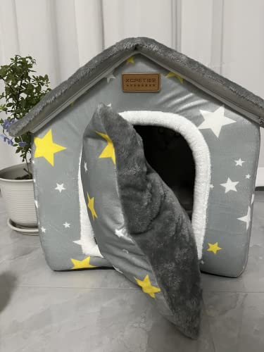 SEAHOME Foldable Dog House Kennel Bed Mat for Indoor Pets,Enclosed Warm Plush Sleeping Nest Bed with Removable Cushion,Covered Small Pet Condos Indoor Cat Hideaway (L, Grey)
