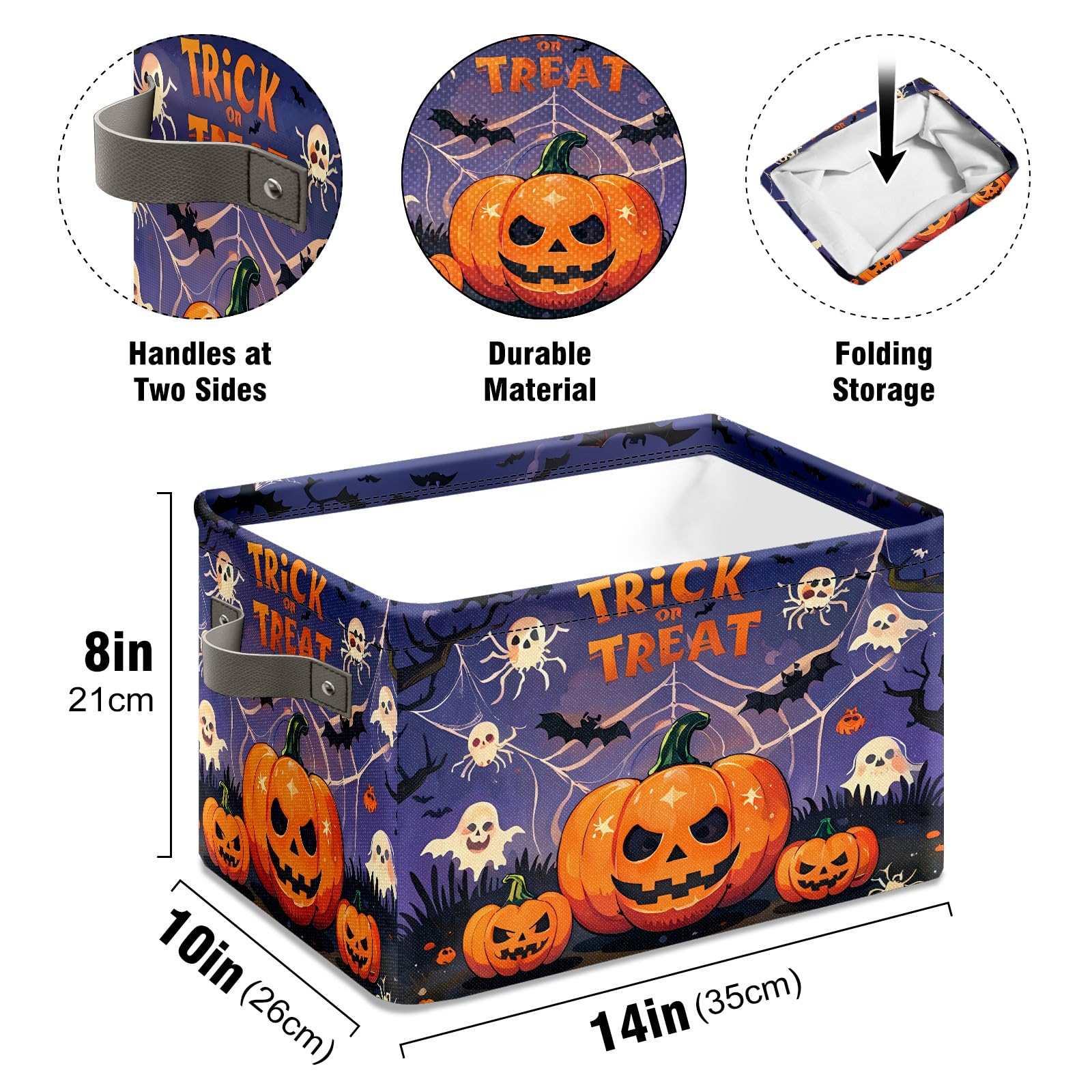 Halloween Basket,Spooky Basket Pumpkin Halloween Storage Gift Basket with Handles Decorative Foldable Storage Bin 14 x 10 x 9