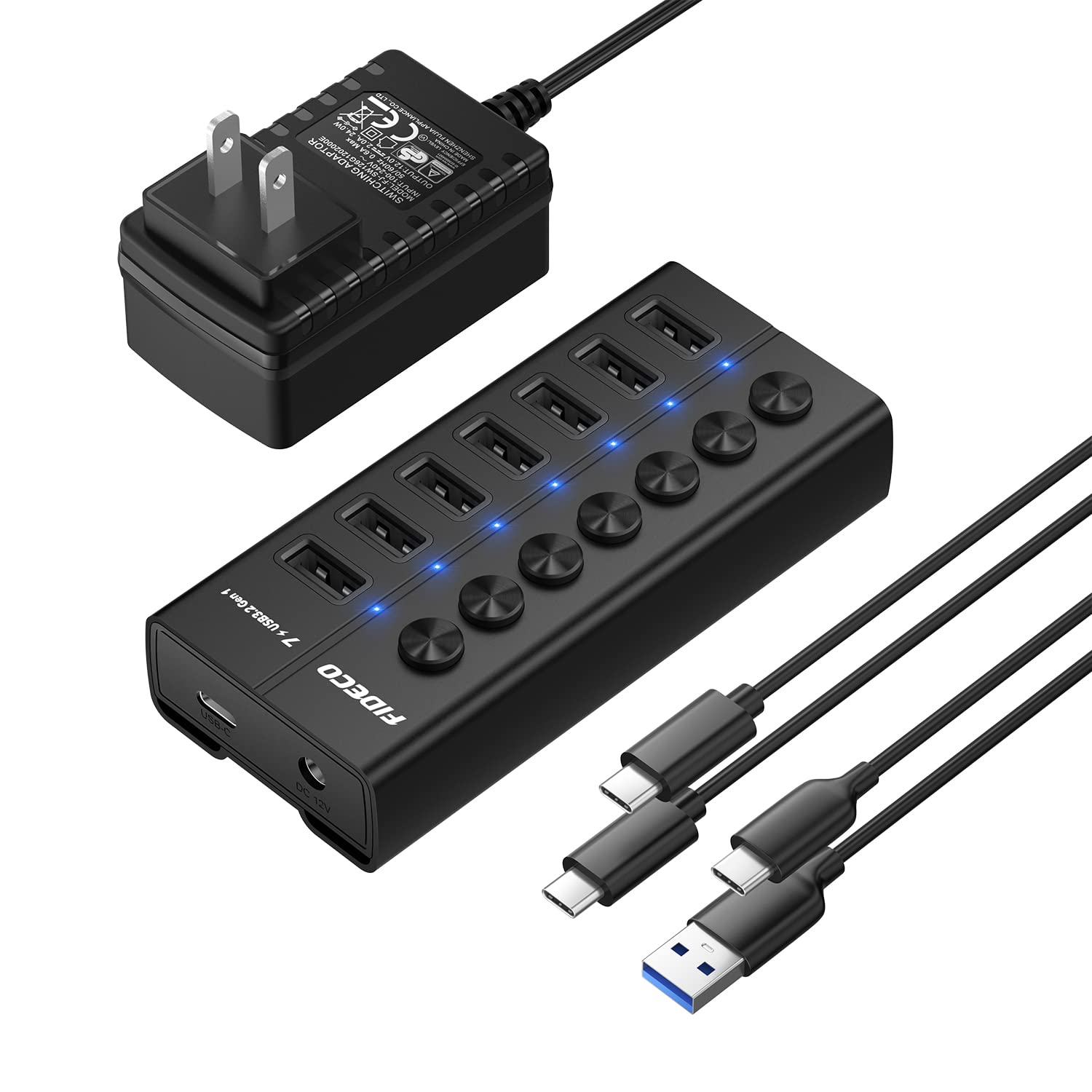 FIDECO Powered 4-Port USB Hub, USB 3.2 Gen 1 Data Hub with Independent On/Off Switch, USB Splitter with USB C to C Cable, USB A to C Cable and Power Adapter