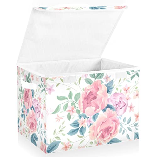 Kigai Storage Basket Pink Rose Flower Floral Storage Boxes with Lids and Handle, Large Storage Cube Bin Collapsible for Shelves Closet Bedroom Living Room, 16.5x12.6x11.8 In