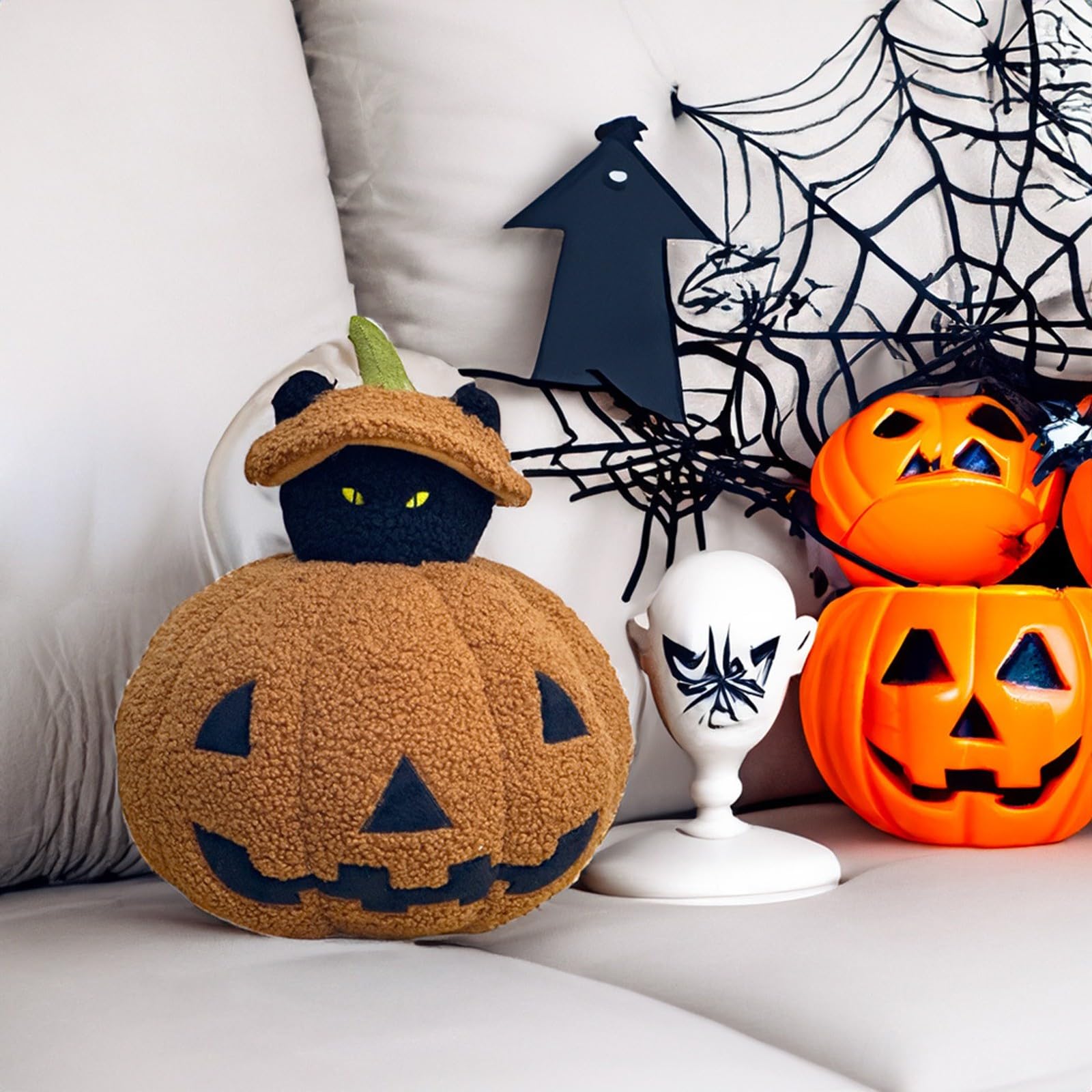 Halloween Black Cat Pumpkin Toy Pillow Holiday Pillow Halloween Pumpkin Plush Toy, Cute Cat Hides in Pumpkin Pillow,Cat Pumpkin Peeping Plush Pillow Home Decoration