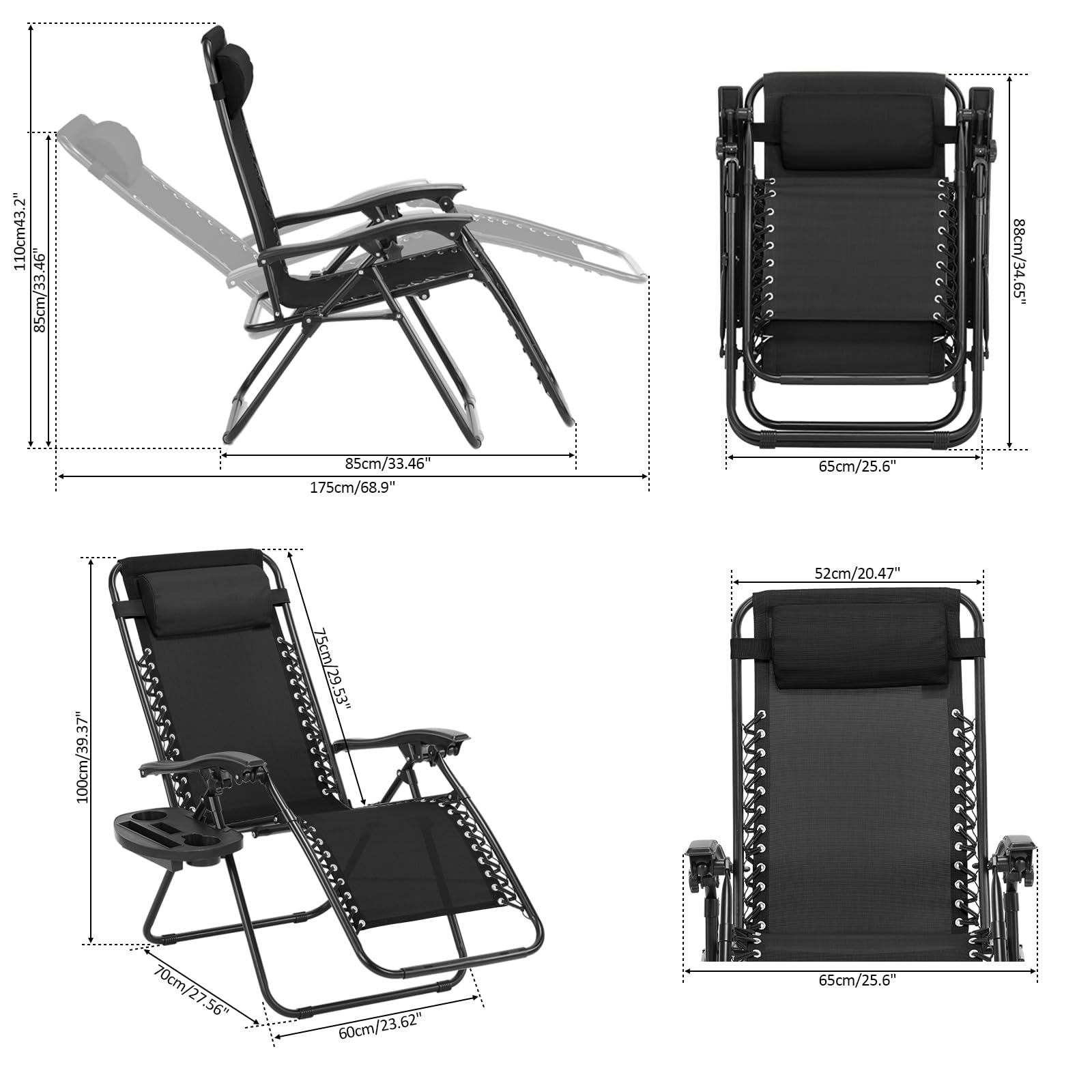 TOMSHOO Zero Gravity Chair Patio Recliner Chair Set of 2 Folding Camping Chairs with Cup Holder Adjustable Headrest Reclining Lounge Chair for Poolside Backyard and Beach (Black)