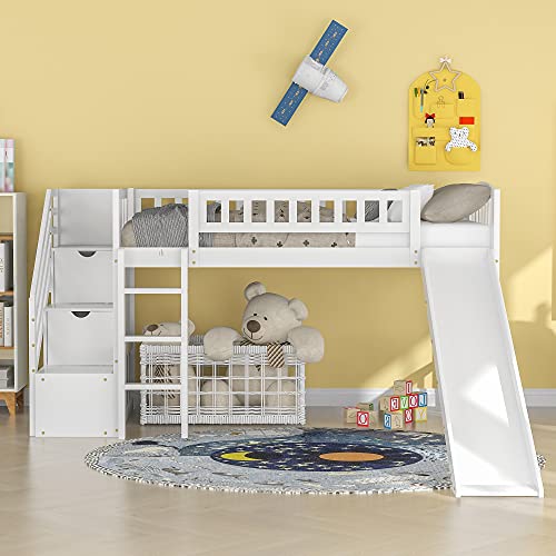 ODC Twin Size Loft Bed with 2 Drawers and Slide for Kids, Solid Wood Loft Bed Frame with Storage, Low Loft Bed with Slide, Ladder and Security Guardrail for Kids Girls Boys Teens