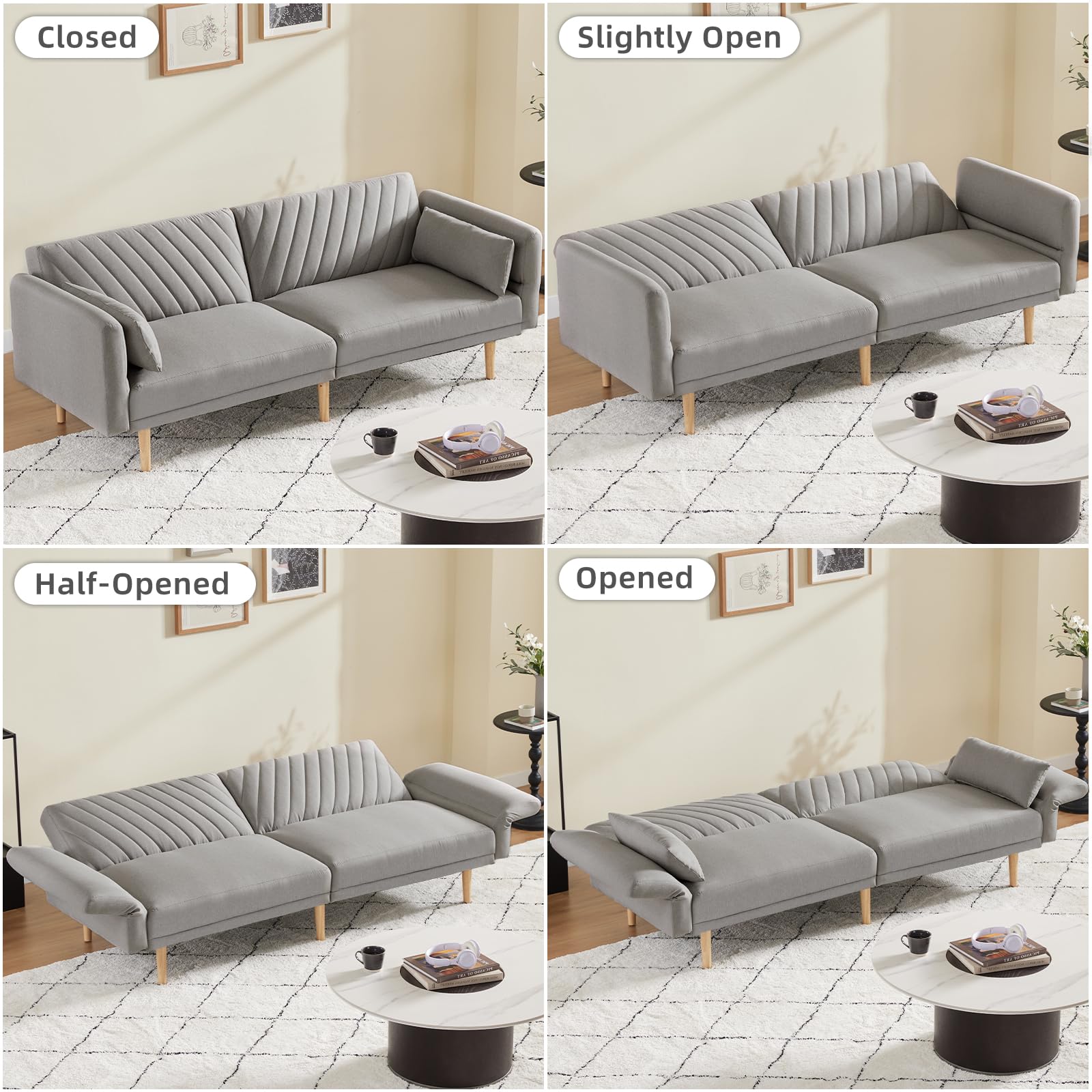 WILLOVE 78'' Fabric Futon Sofa Bed, Convertible Sleeper Couch Bed with Adjustable Armrests and Backrest, Sleeper Bed with 2 Pillows, Modern Futon Couches for Living Room, Light Gray