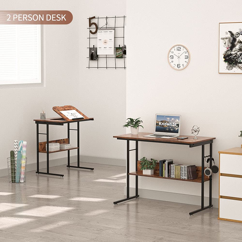 Knowlife Computer Desk L Shaped Desk 58 inch with Round Corner and Hooks Tiltable Desk for Small Space Brown