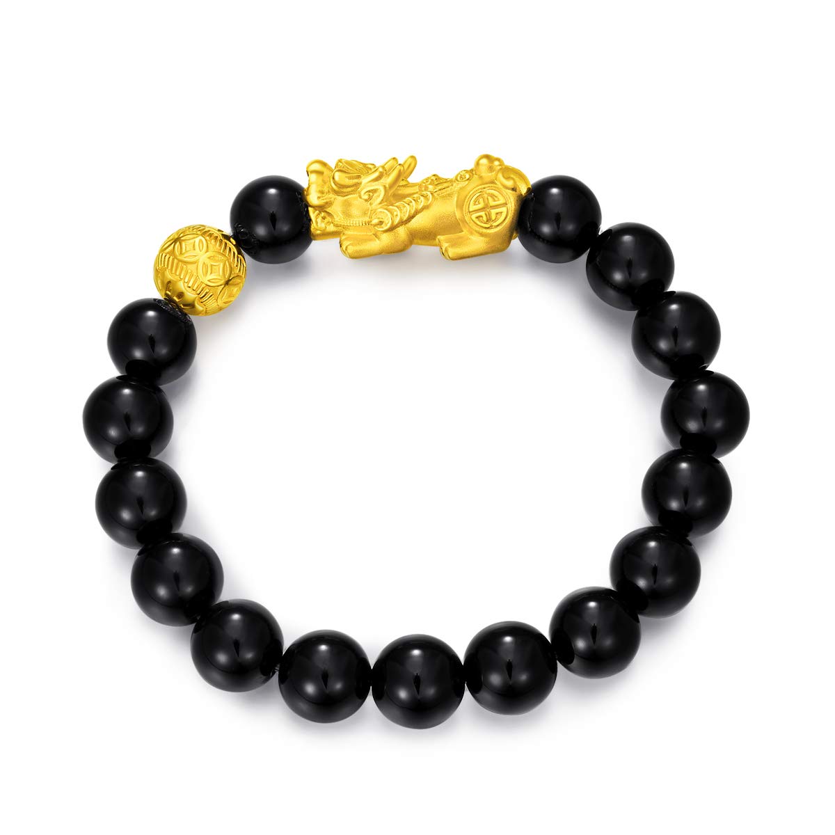 CHOW TAI FOOK 999 24K Gold Large Pixiu and Fortune Ball Charm Bracelet with Black Agate Marbles